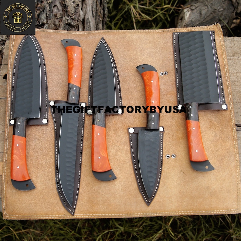 Handmade Damascus Kitchen Chef Knife Set 5pcs, Cowhide Roll Kit, Rose ...