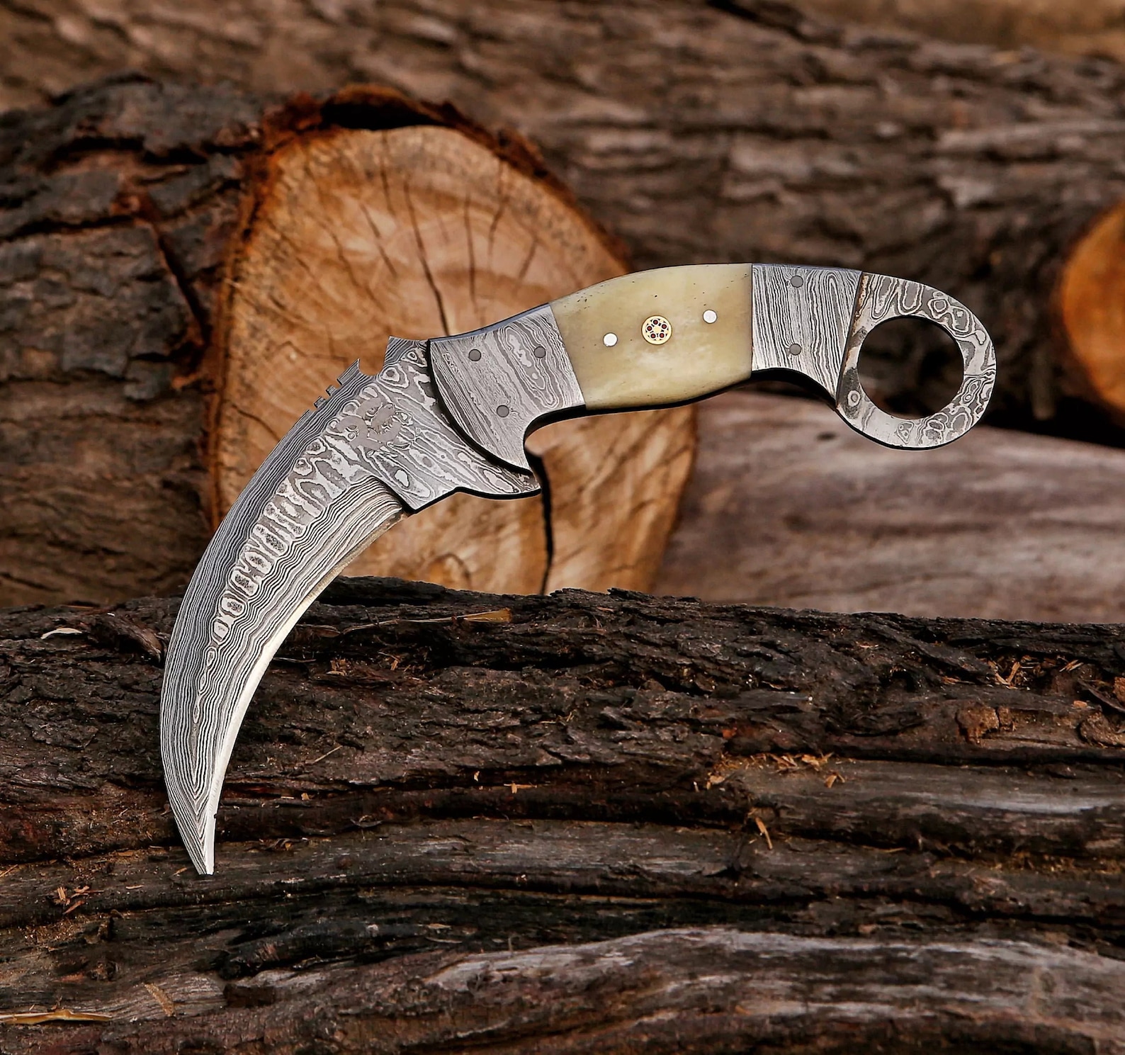 Karambit Knife Damascus Hunting Knife, Hand Forged Damascus Bowie Knife ...