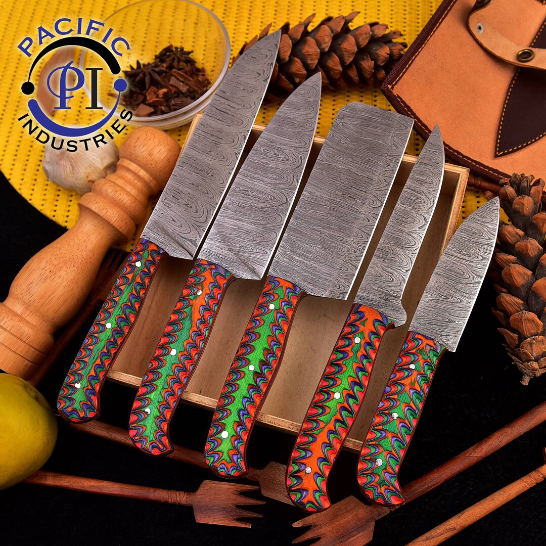Custom Handmade Damascus Chef Set, Damascus Full Tang Knife Set , Gift ...