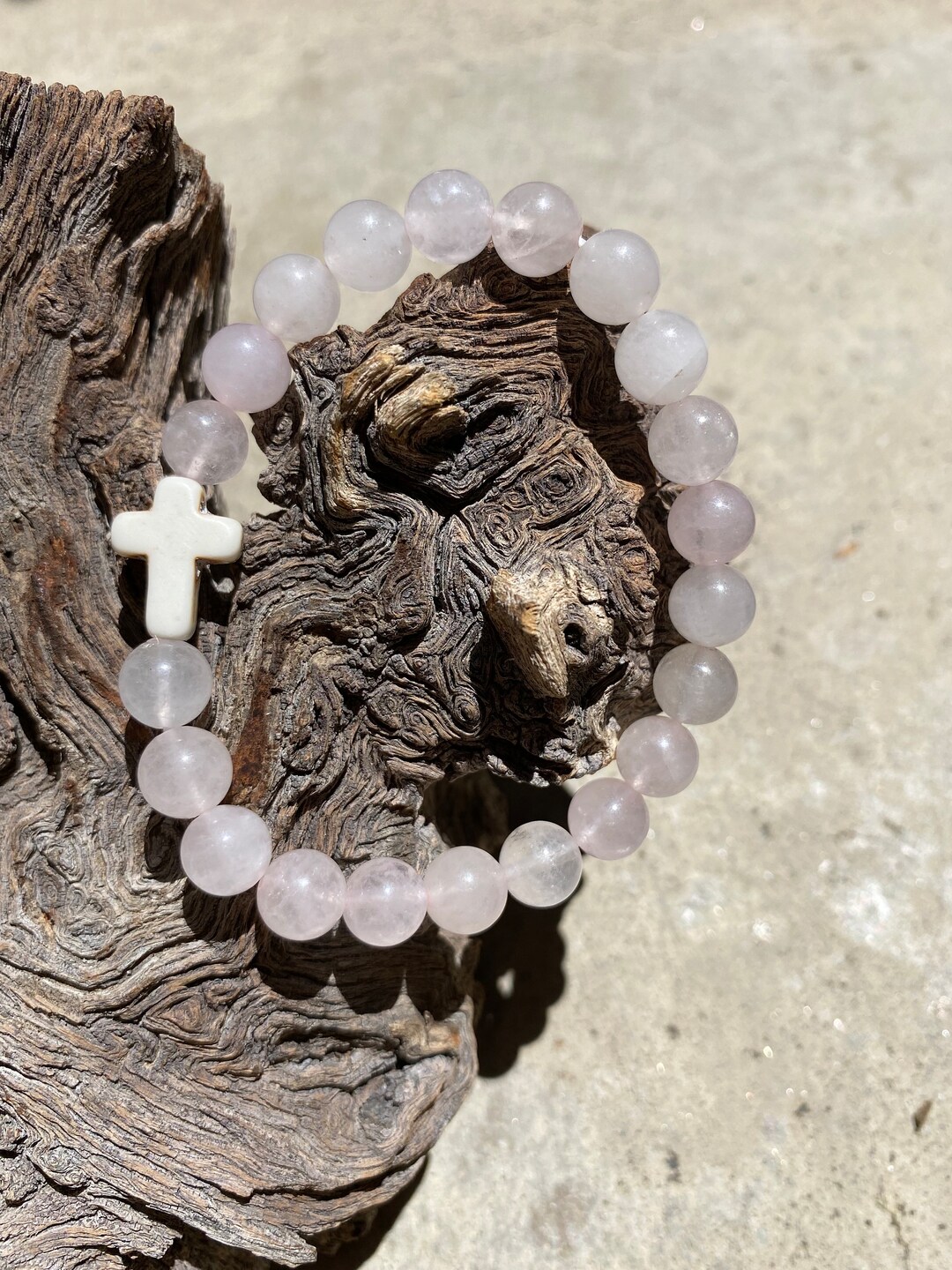Religious Natural Stone Rose Quartz Cross Bead Bracelet, Gemstone ...