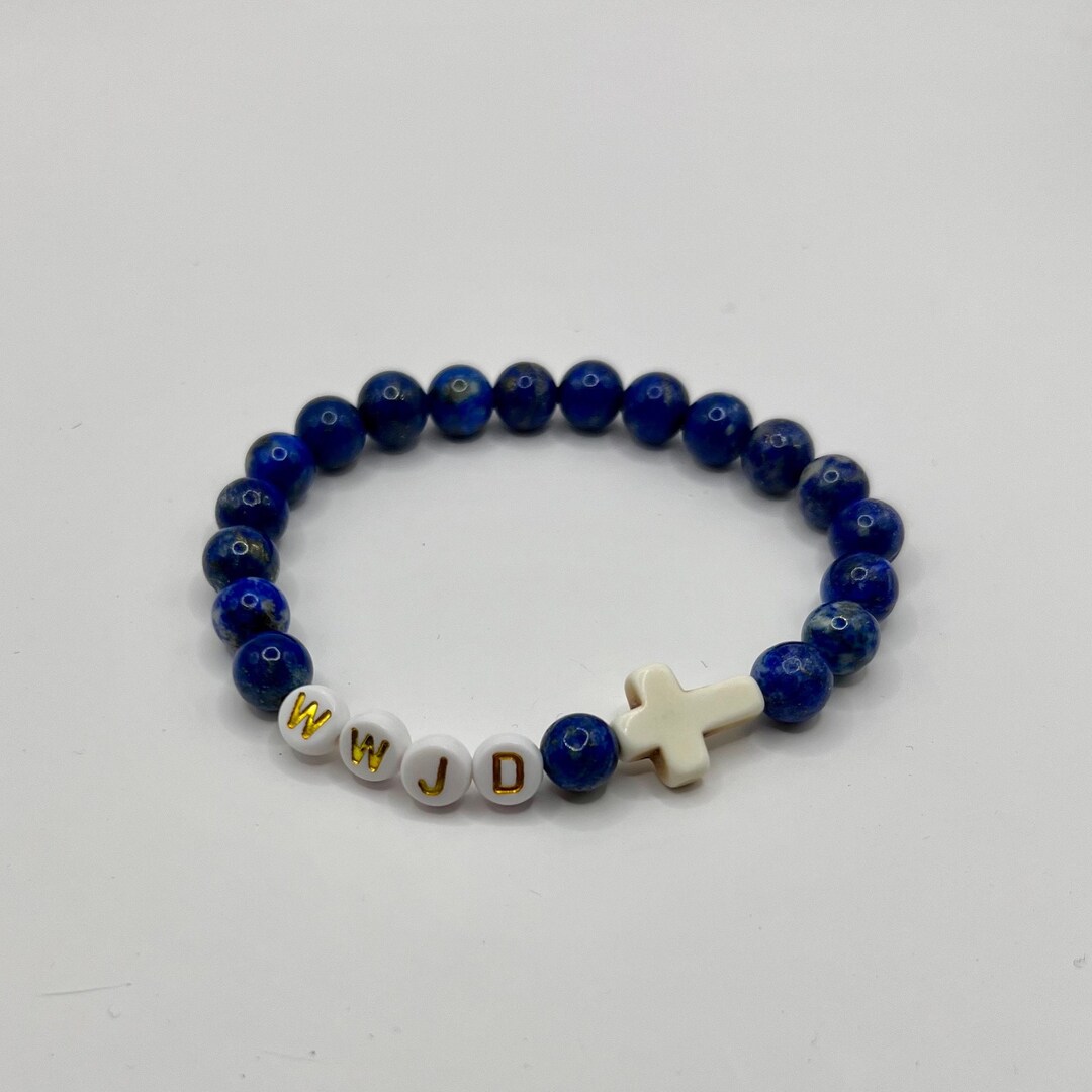 Religious Natural Stone Lapis Lazuli, WWJD Cross Bead Bracelet ...