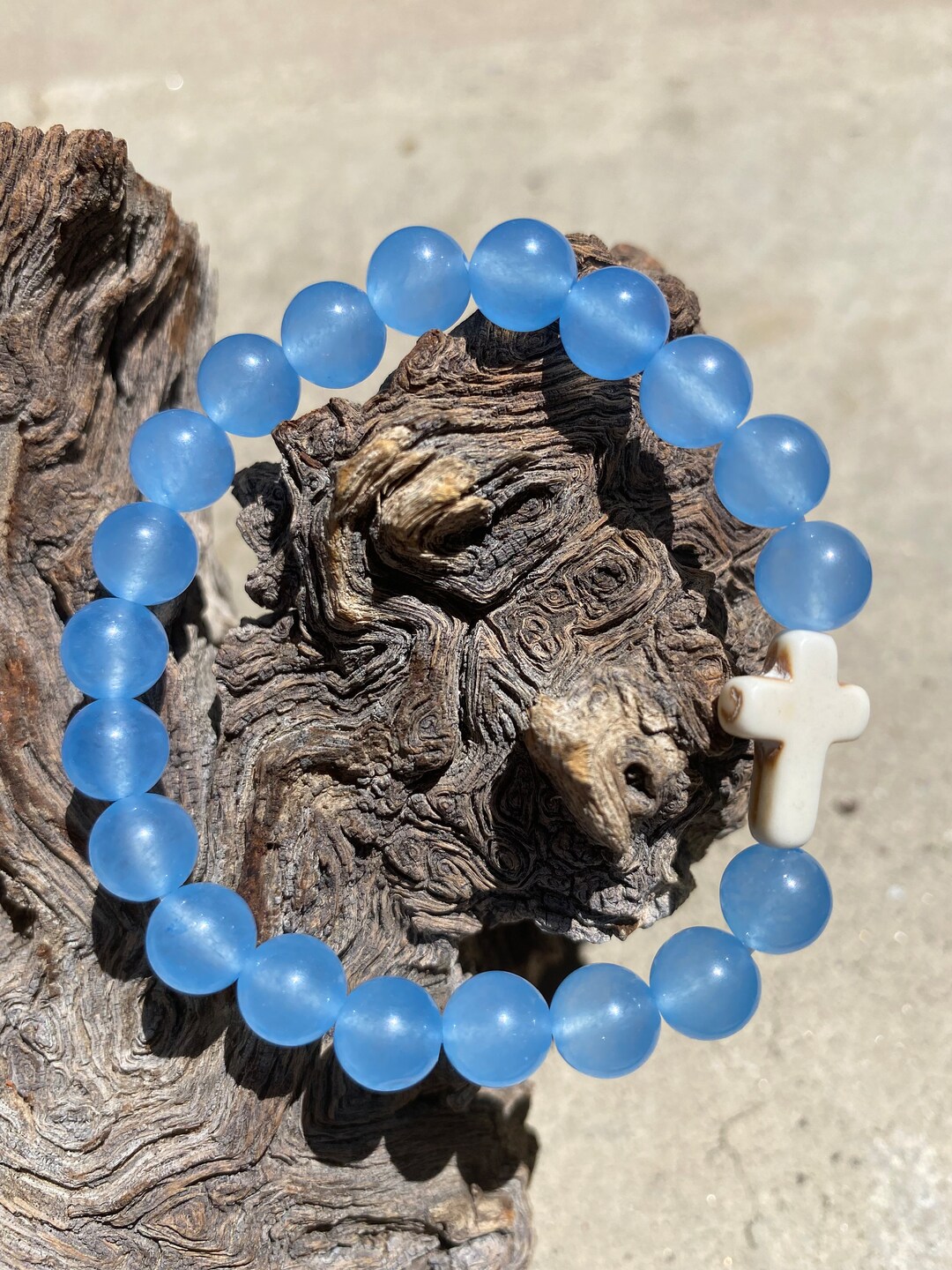 Religious Natural Stone Blue Quartz Cross Bead Bracelet, Gemstone ...