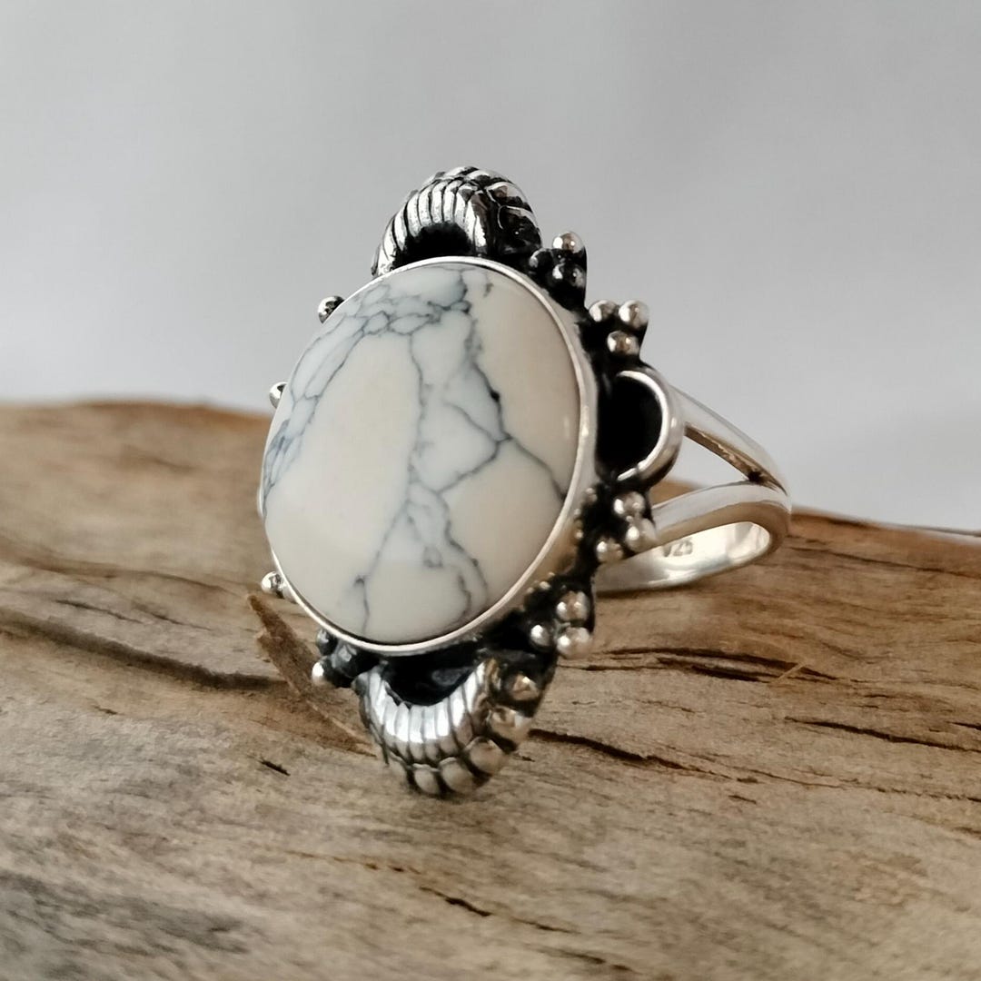 Howlite Sterling Silver Ring: Oxidized Gemstone Statement Ring - Etsy