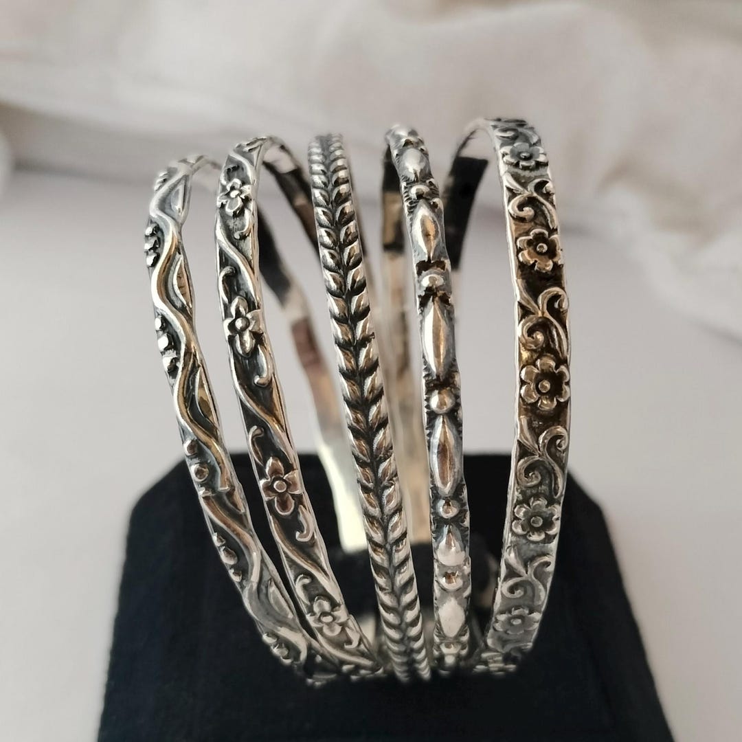 Sterling Silver Floral Bangle Set, Handmade Stackable Bangles - Etsy