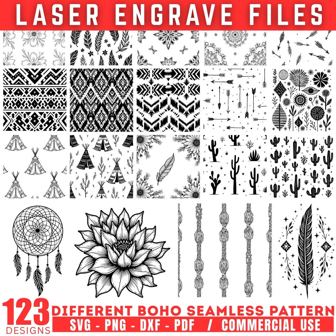 Laser Engrave Files Boho Seamless Pattern Svg Png Pdf & Dxf Bundle ...