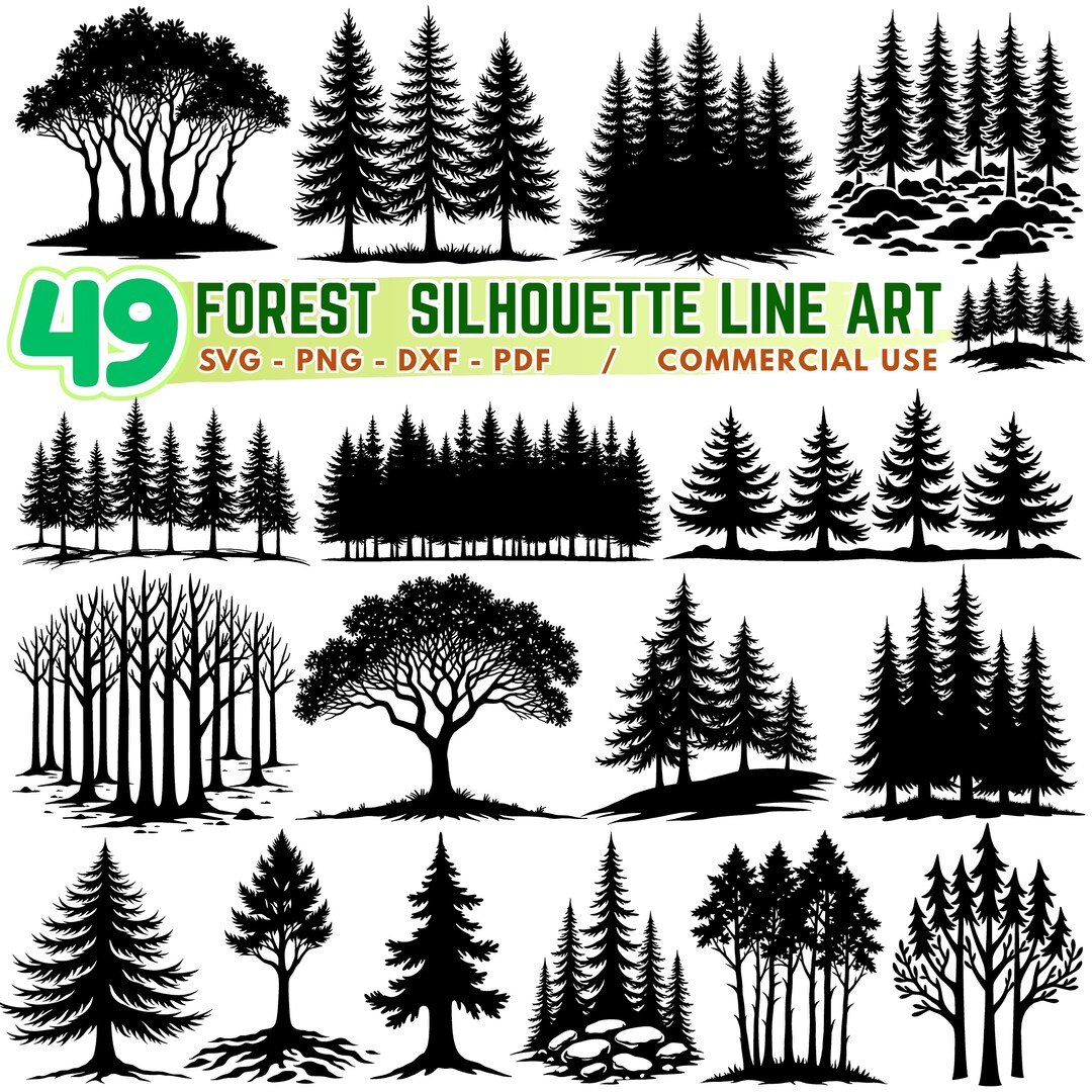 Forest Silhouette Line Art SVG Bundle, Nature Landscape Outlines ...