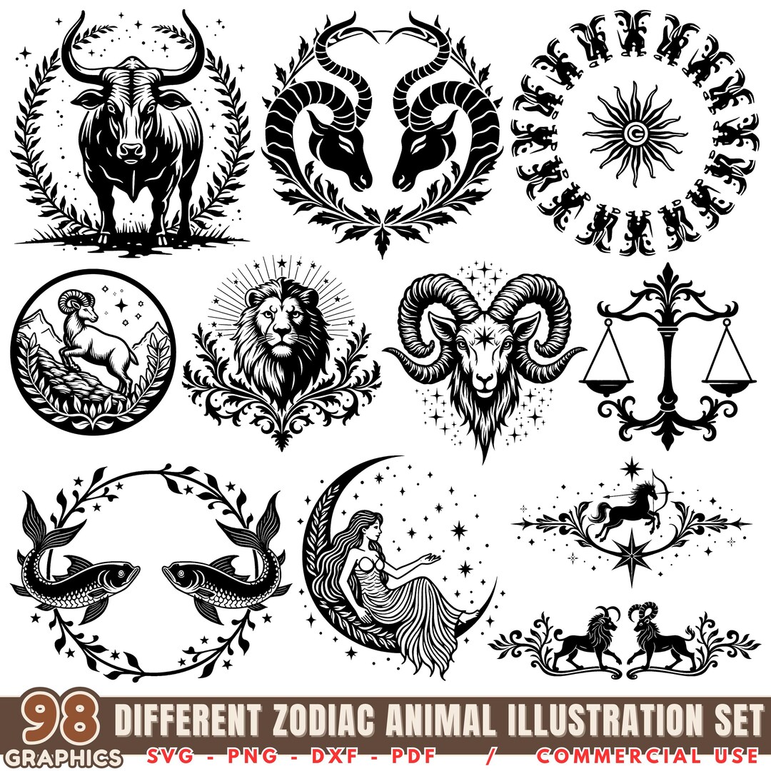 Different Zodiac Animal Illustration Set Svg Png Pdf & Dxf Bundle Cute ...