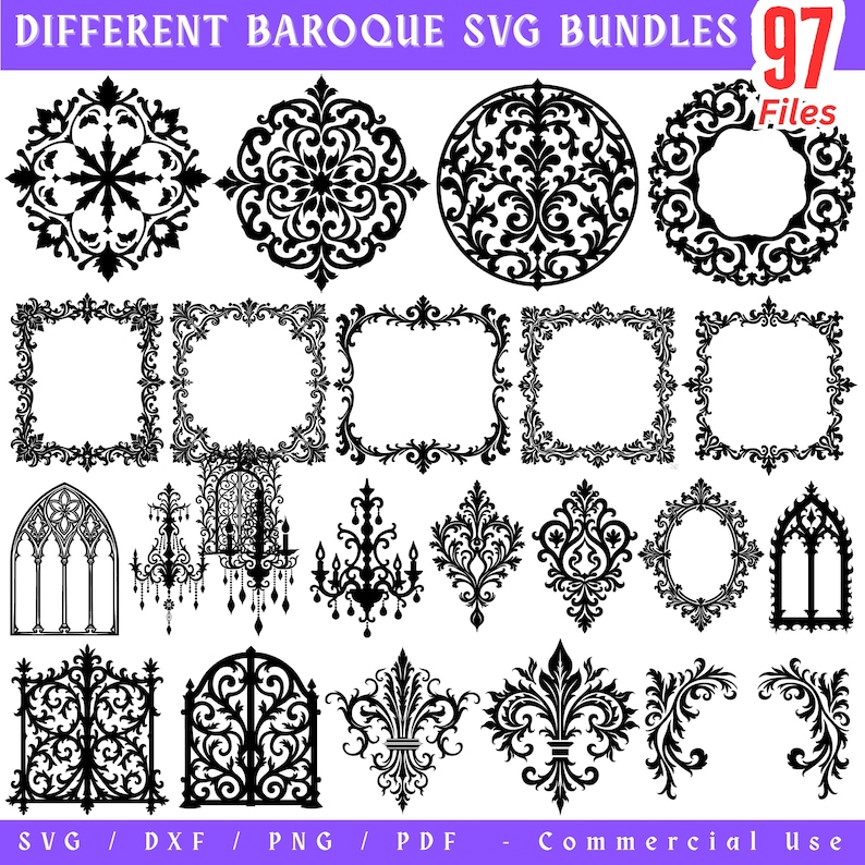 Different Baroque Svg Png Pdf & Dxf Bundle Elegant Decorative Frame ...