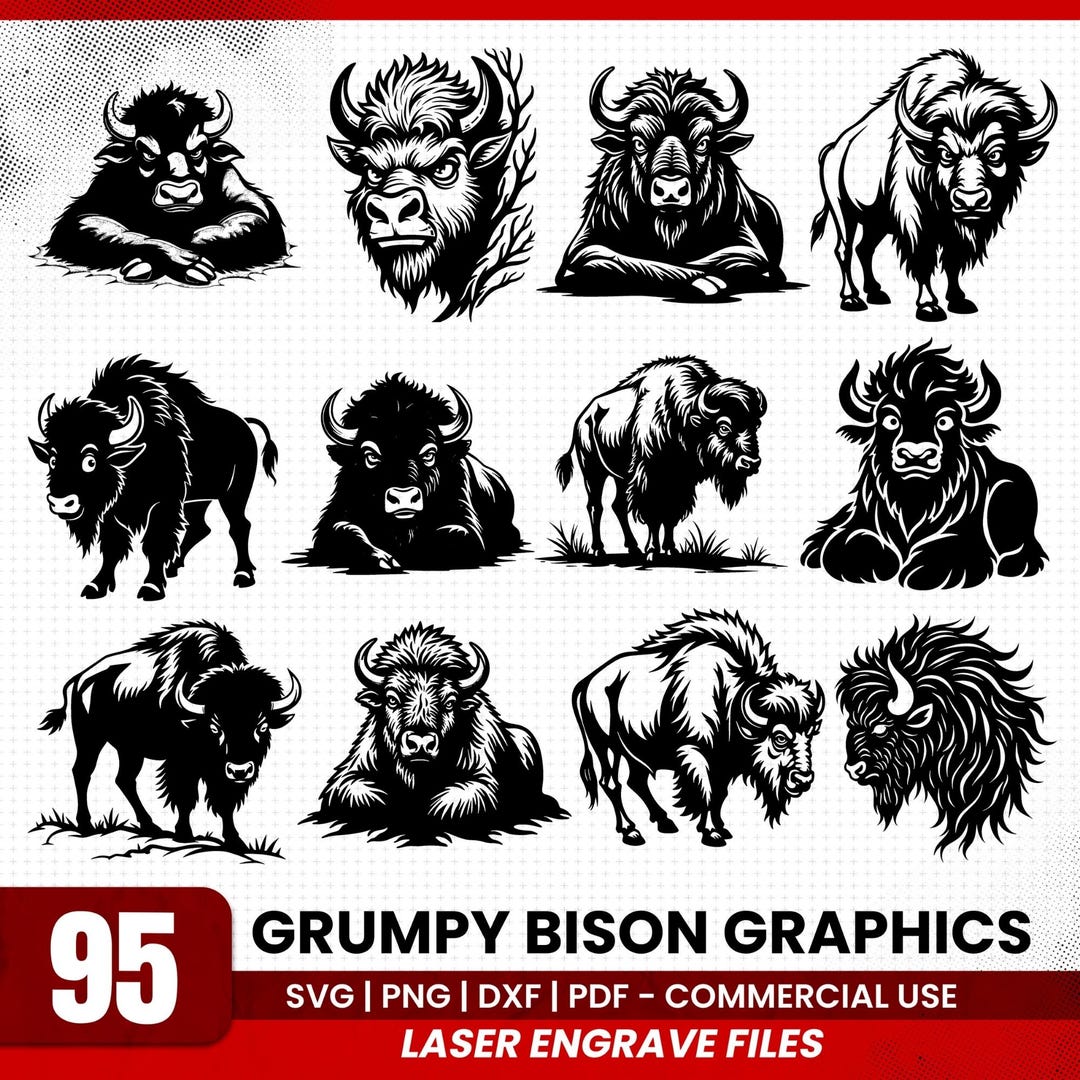 Laser Engrave Files Grumpy Bison Svg Png Pdf & Dxf Bundle Art Instant ...