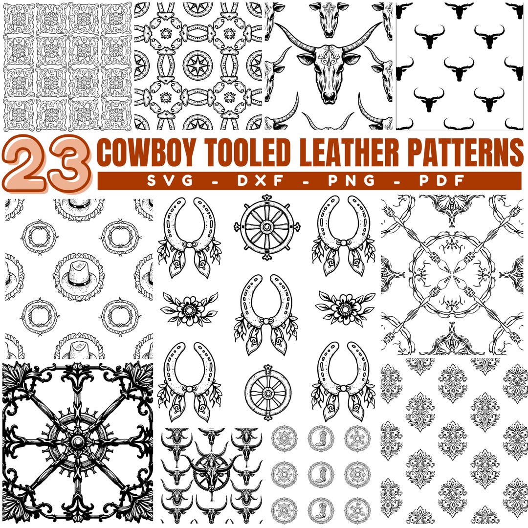 Cowboy Tooled Leather Patterns | Western Floral SVG, PNG, PDF (digital ...