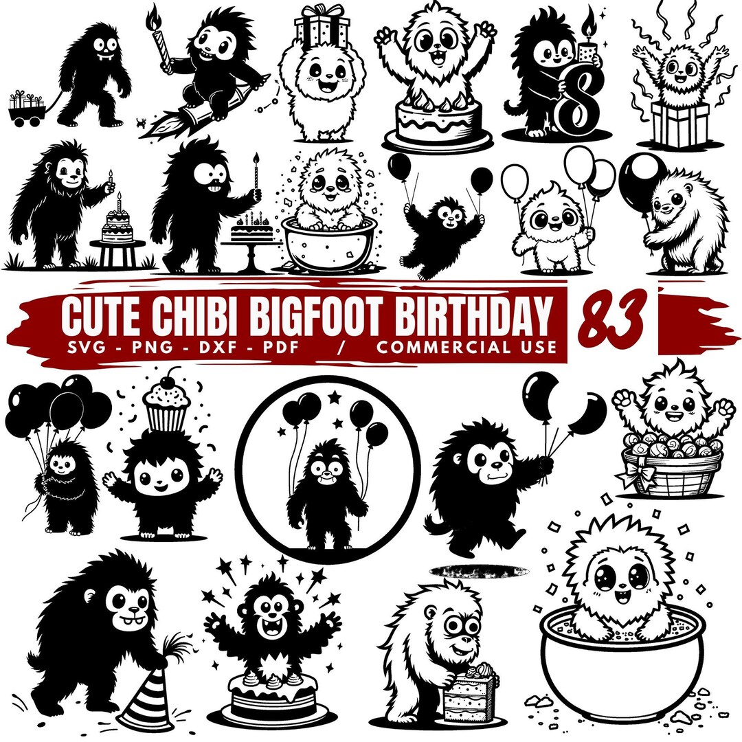 Cute Chibi Bigfoot Birthday Svg Png Pdf & Dxf Bundle for Shirt Designs ...