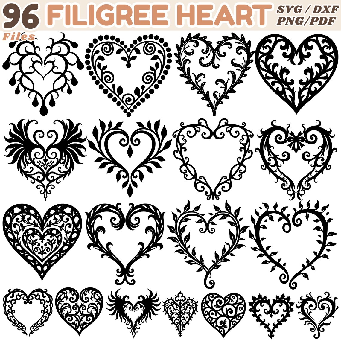 Laser Engrave Files Filigree Heart Svg & Png Bundle Ornate Carved Heart ...