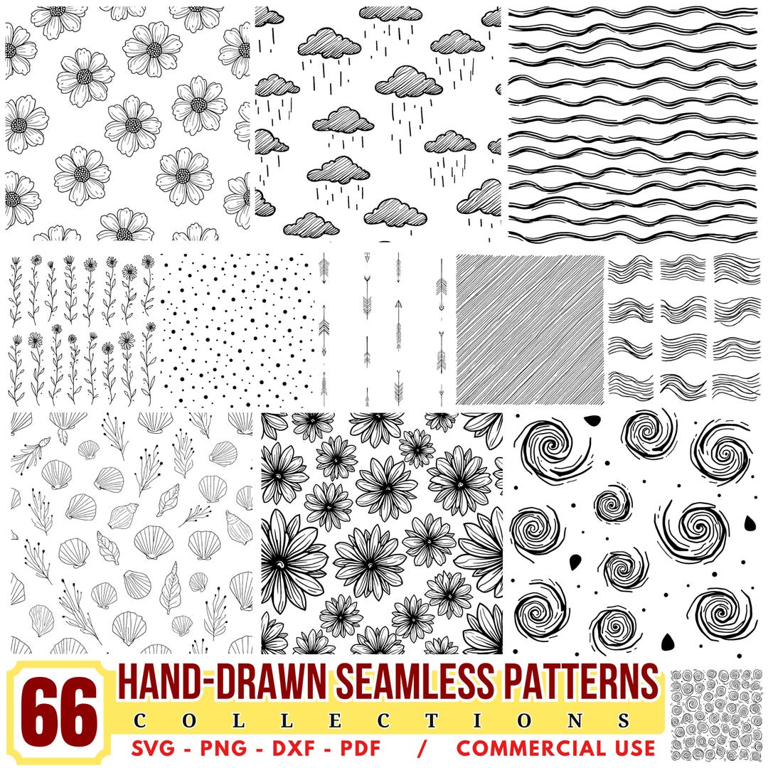 Hand-drawn Seamless Patterns Svg Png Pdf & Dxf Bundle, Artistic ...