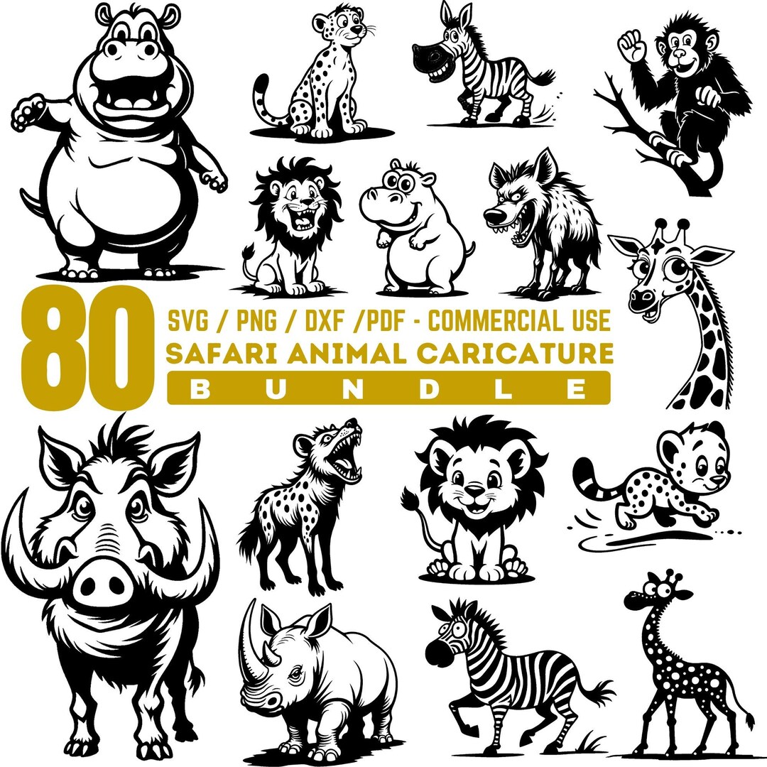 Safari Animal Caricatures Svg Png Pdf & Dxf Bundle for DIY Crafts ...