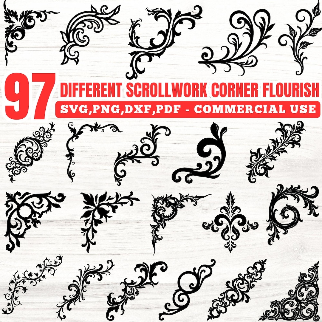 Scrollwork Corner Flourish Svg Png Pdf & Dxf Bundle for Vinyl Crafts ...