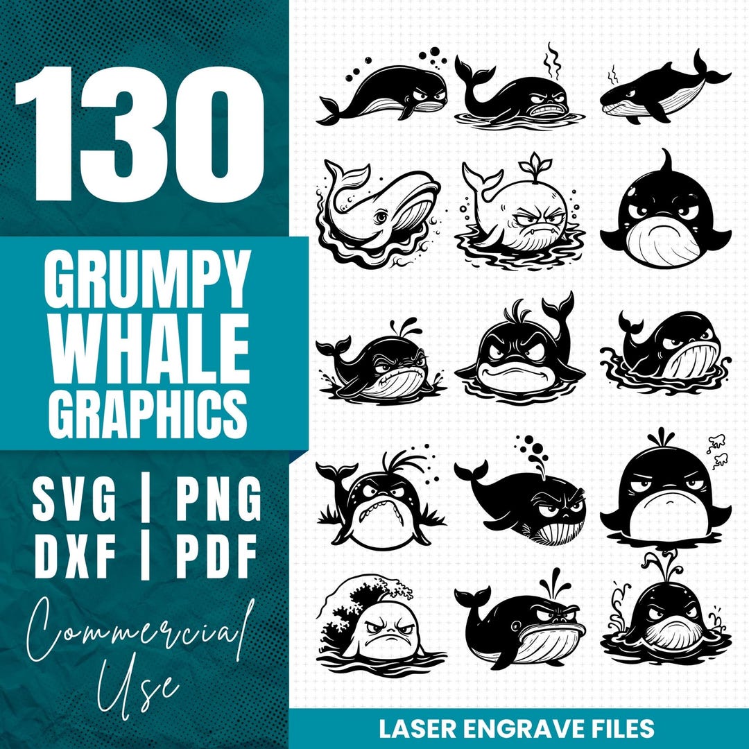 Laser Engrave Files for Grumpy Whale Svg Png Pdf & Dxf Bundle Wood Art ...