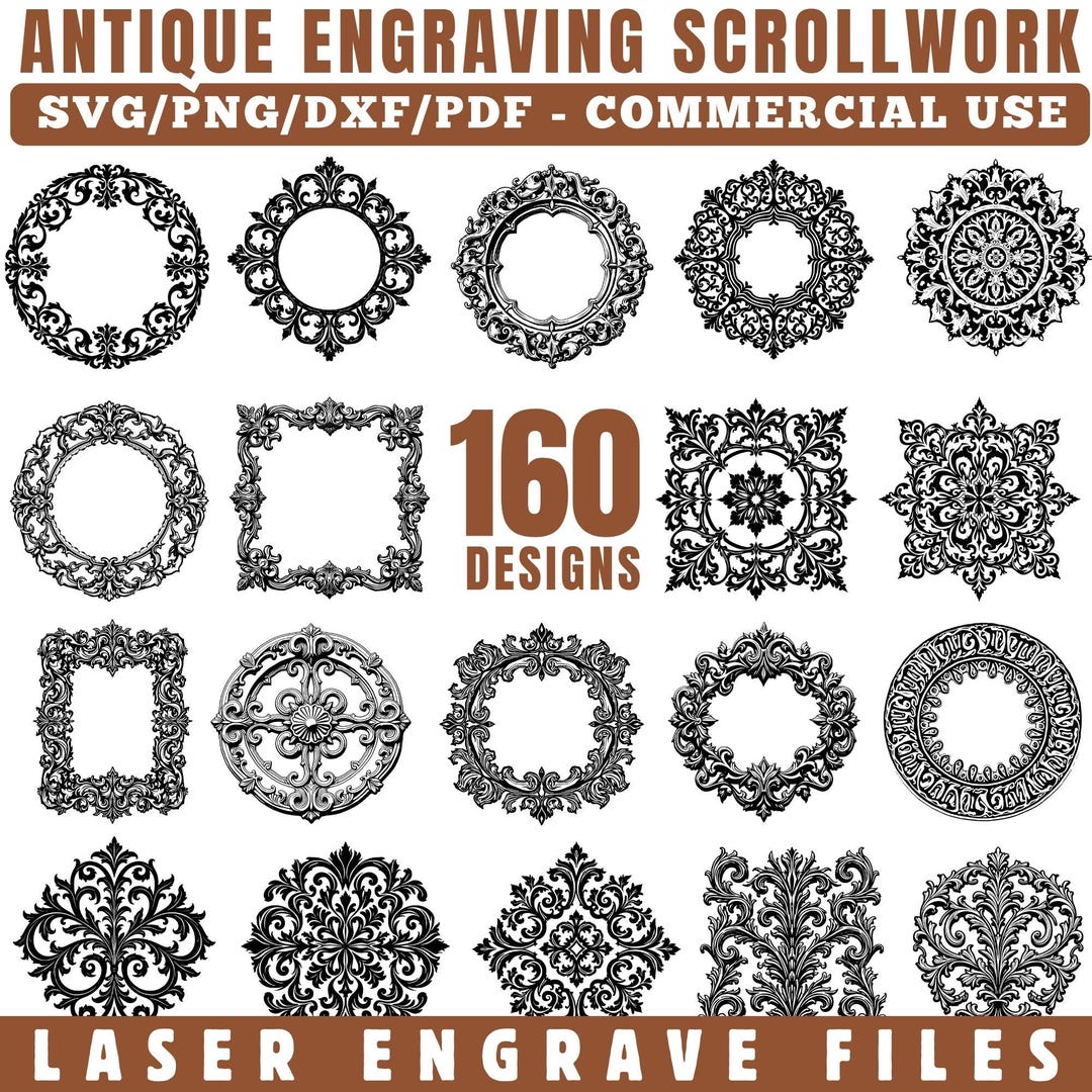 Antique Engraving Scrollwork SVG Bundle, Vintage Ornamental Laser ...