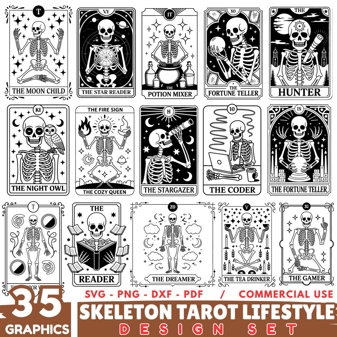 Skeleton Tarot Card SVG Bundle | Mystical Art Svg Png Pdf & Dxf Bundle ...