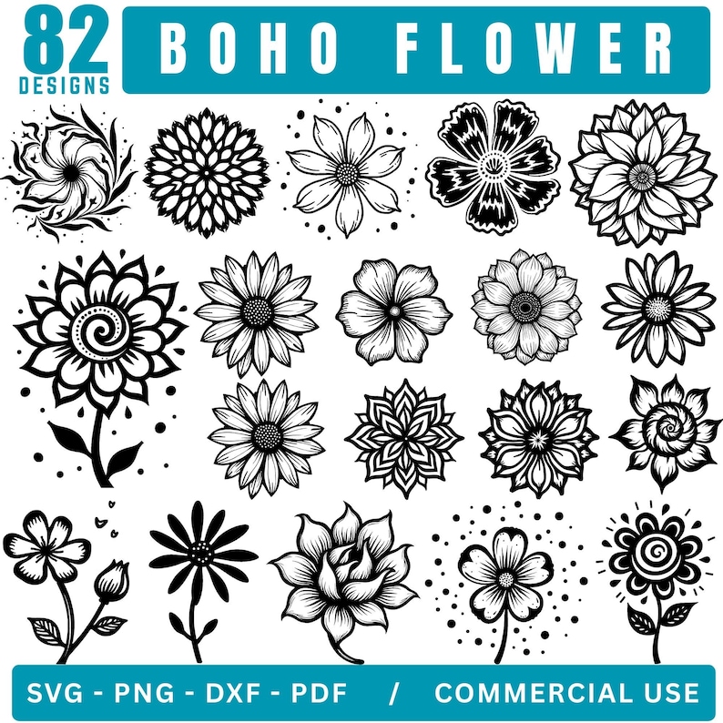 Boho Flower Doodle Svg Png Pdf & Dxf Bundle for Cricut Silhouette ...