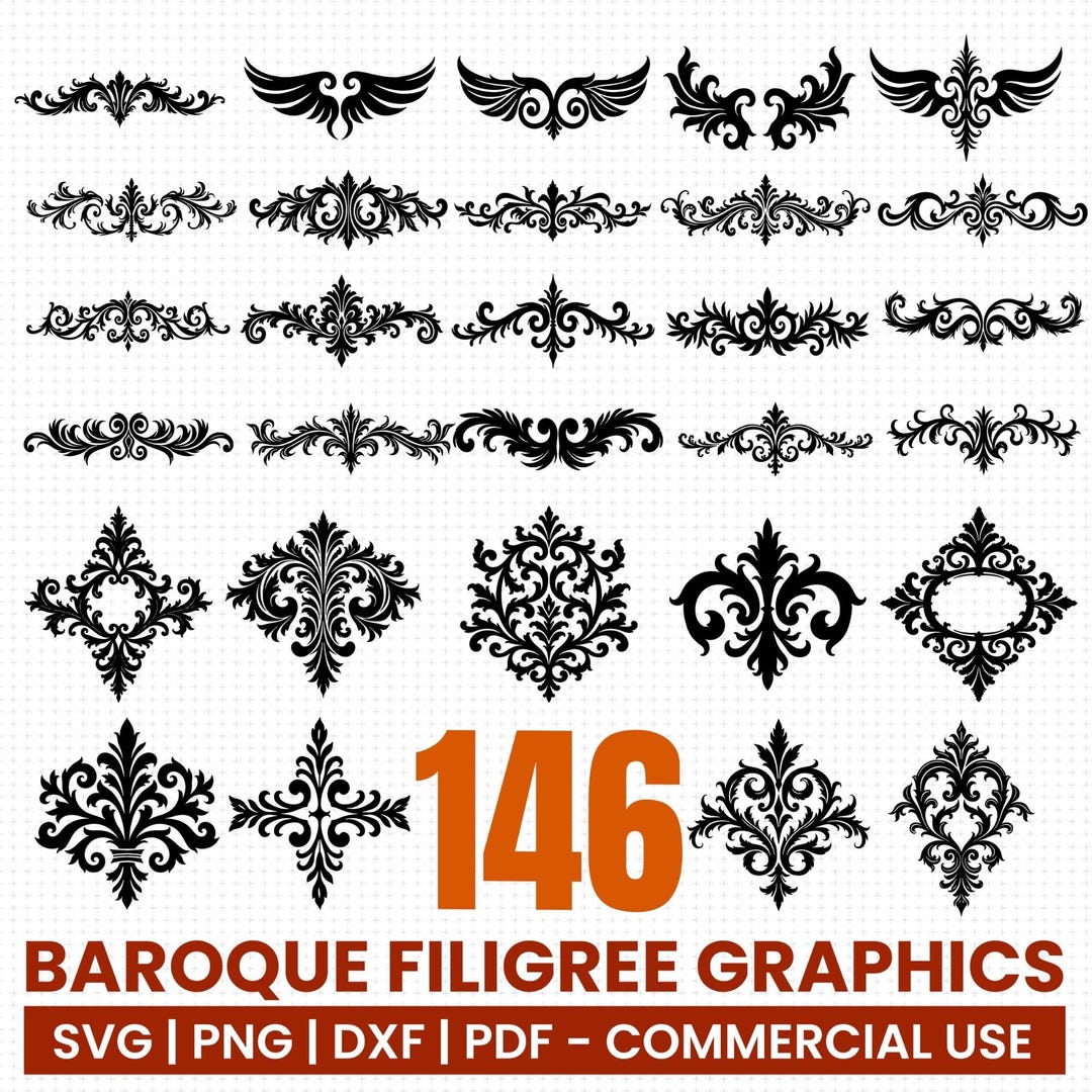 Laser Engrave Files Baroque Filigree Svg Png Pdf & Dxf Bundle Instant ...
