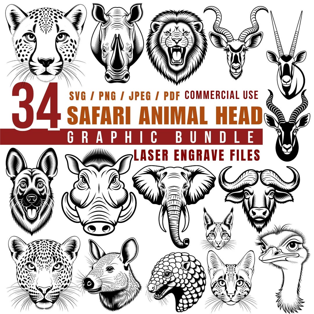 Laser Engrave Files Safari Animal Head Graphics Svg Png Pdf & Dxf ...