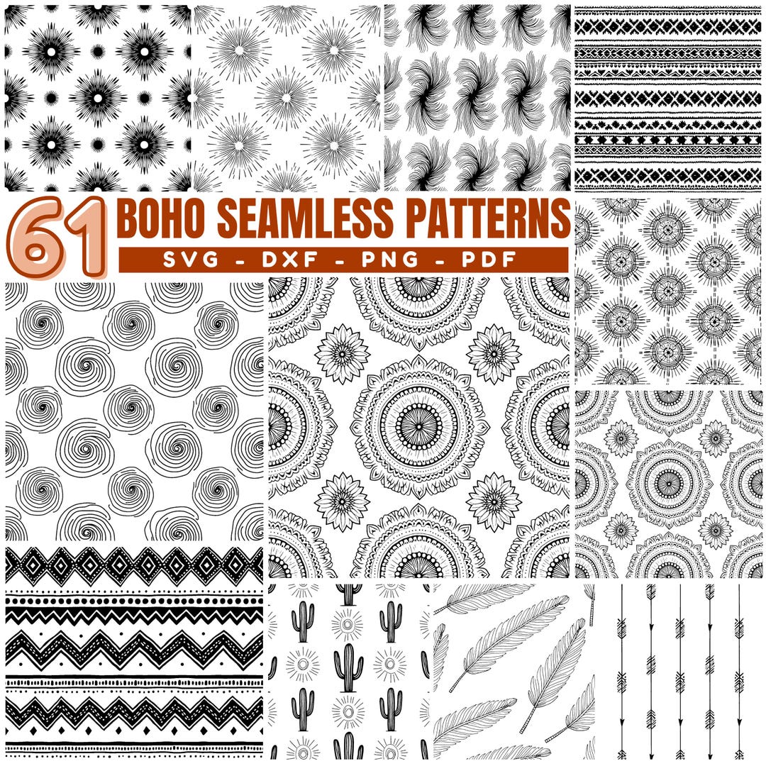 Boho Seamless Patterns Svg Png Pdf & Dxf Bundle With Aesthetic Bohemian ...
