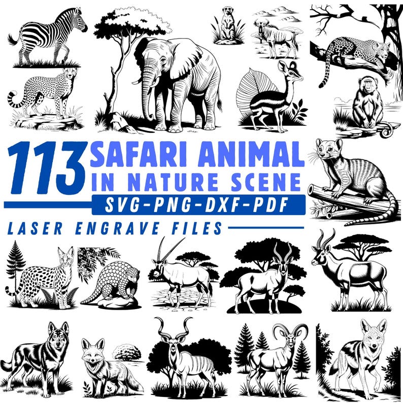 Laser Engrave Files Safari Animal Naturescene Svg Png Pdf & Dxf Bundle ...
