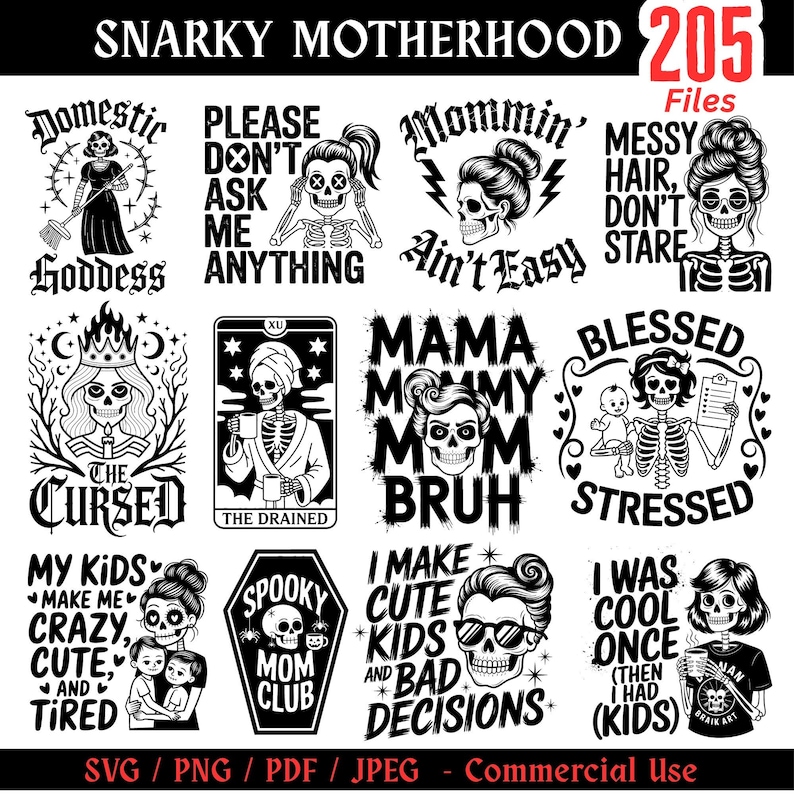 Funny Mom Skeleton SVG Bundle: Sarcastic Skulls Line Art (digital ...