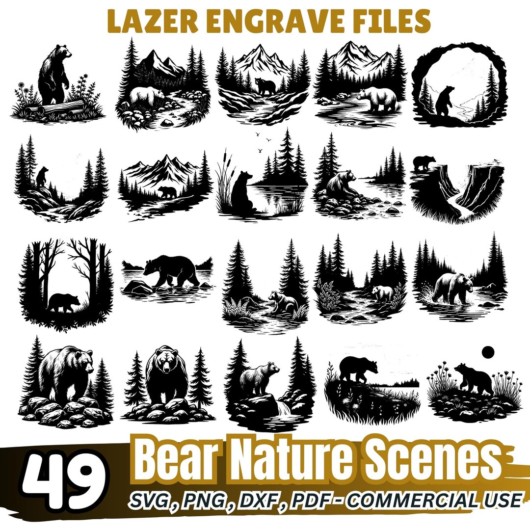 Laser Engrave Files Bear Nature Scene Svg Png Pdf & Dxf Bundle for Wood ...