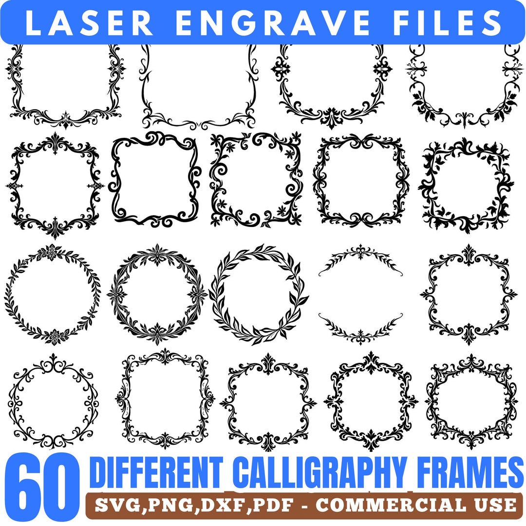 Laser Engrave Files Calligraphy Frame Svg Png Pdf & Dxf Bundle Instant ...