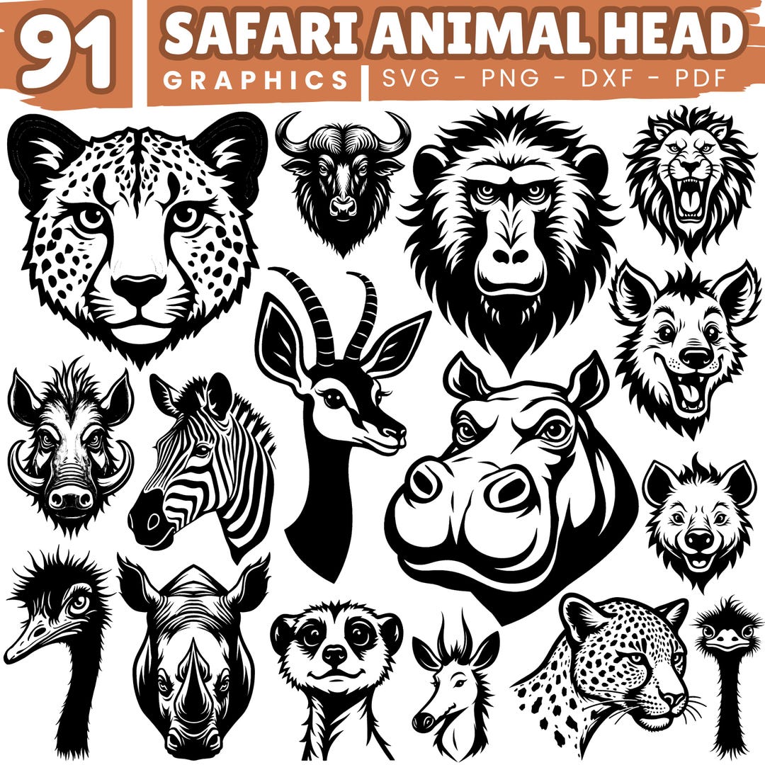 Safari Animal Head Graphics, Laser Engrave Files (SVG, PNG, PDF) - Etsy