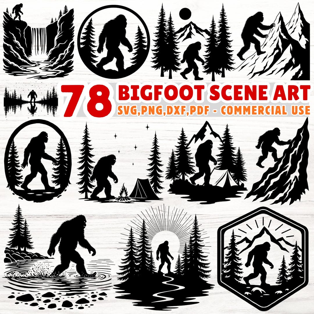 Bigfoot Scene Art Svg Png Pdf & Dxf Bundle for Forest Crafts Instant ...