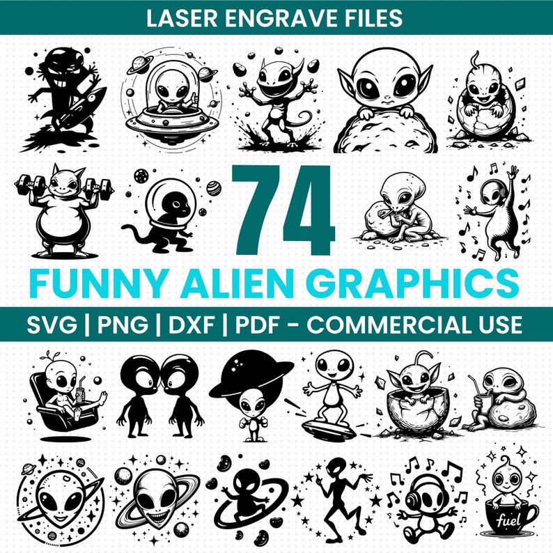 Funny Alien Graphics Svg Png Pdf & Dxf Bundle for DIY Shirts Instant ...