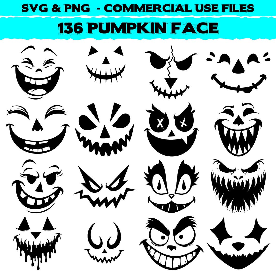 Pumpkin Halloween Faces SVG Bundle: Spooky Etched Decor (digital ...