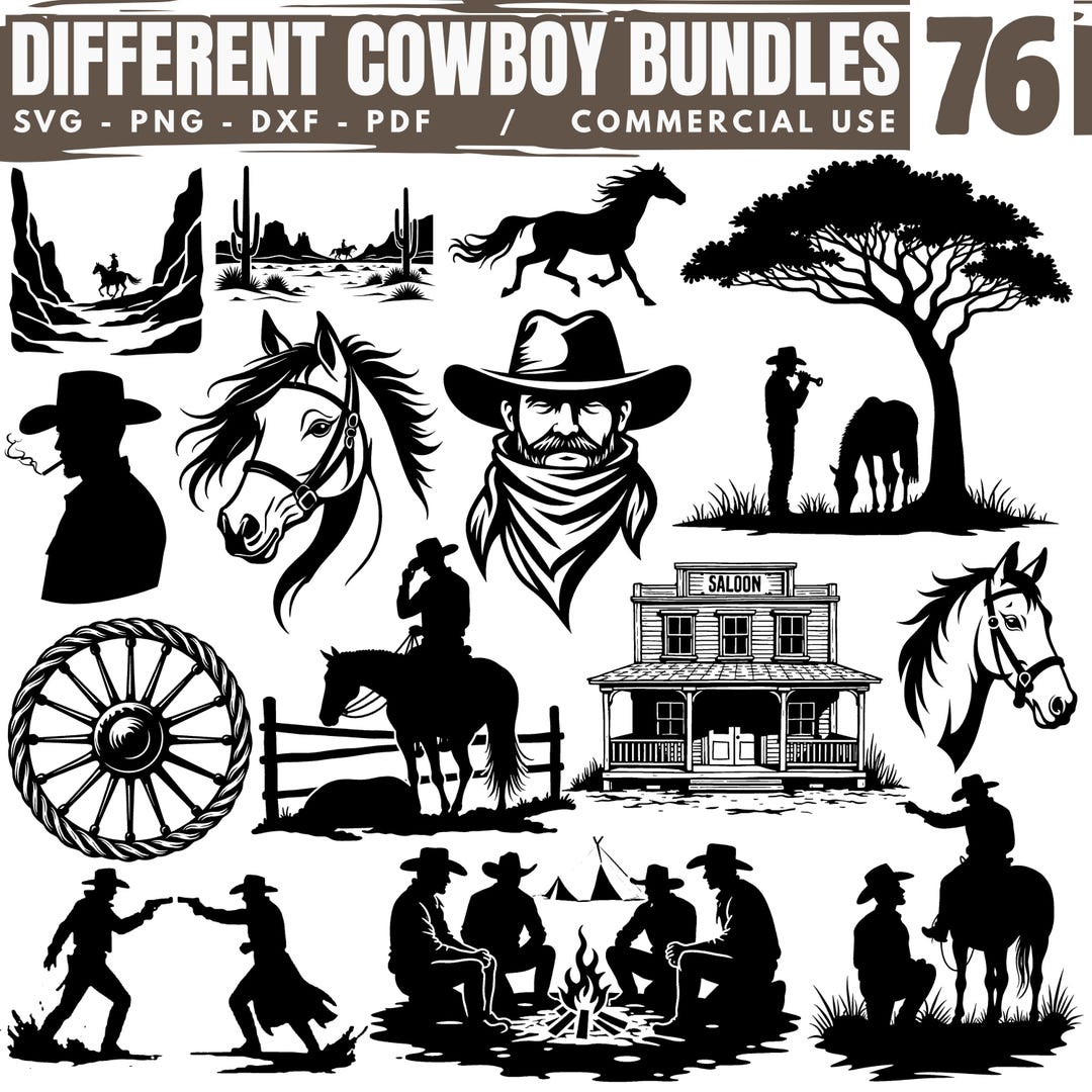 Different Cowboy Bundles Svg Png Pdf & Dxf Bundle With Western Hat ...