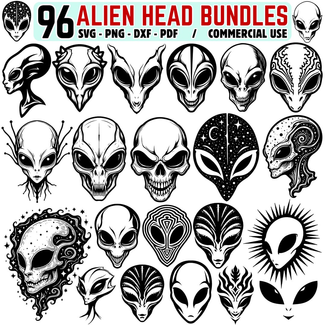 Alien Head SVG Bundle | Funny UFO Designs Svg Png Pdf & Dxf Bundle ...