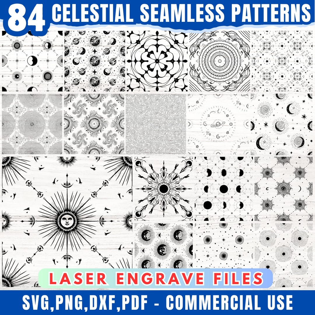 Celestial Seamless Patterns SVG Bundle, Laser Engrave Files (digital ...