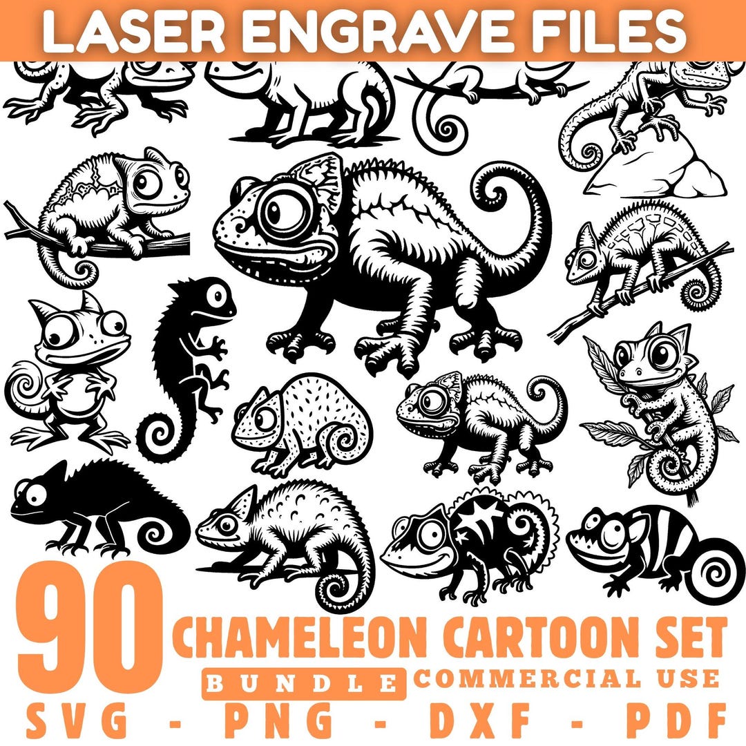 Laser Engrave Files Chameleon Cartoon Set Svg Png Pdf & Dxf Bundle ...
