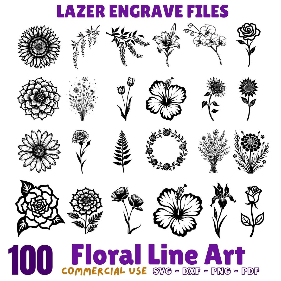 Laser Engrave Files Floral Line Art Svg Png Pdf & Dxf Bundle Instant ...