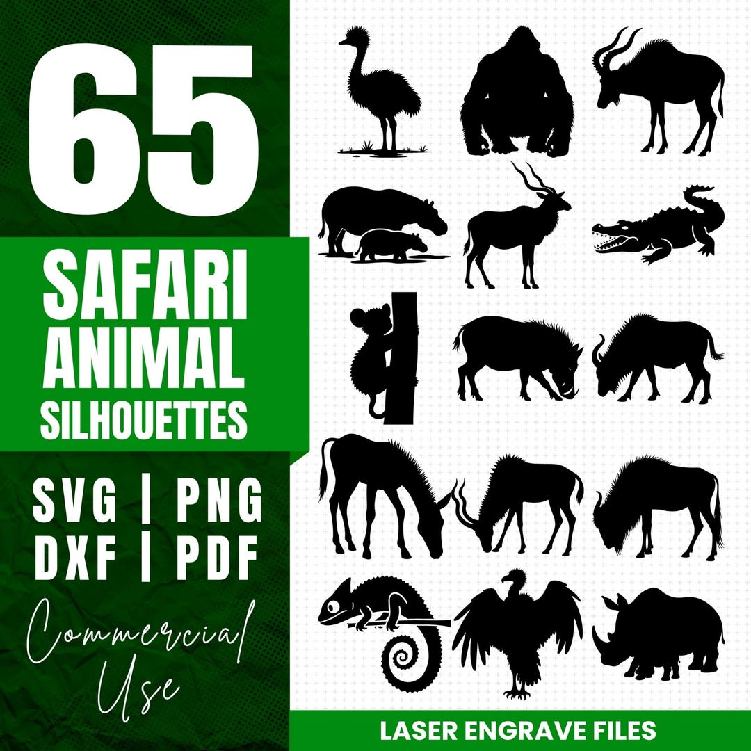 Laser Engrave Files Safari Animal Silhouettes Svg Png Pdf & Dxf Bundle ...