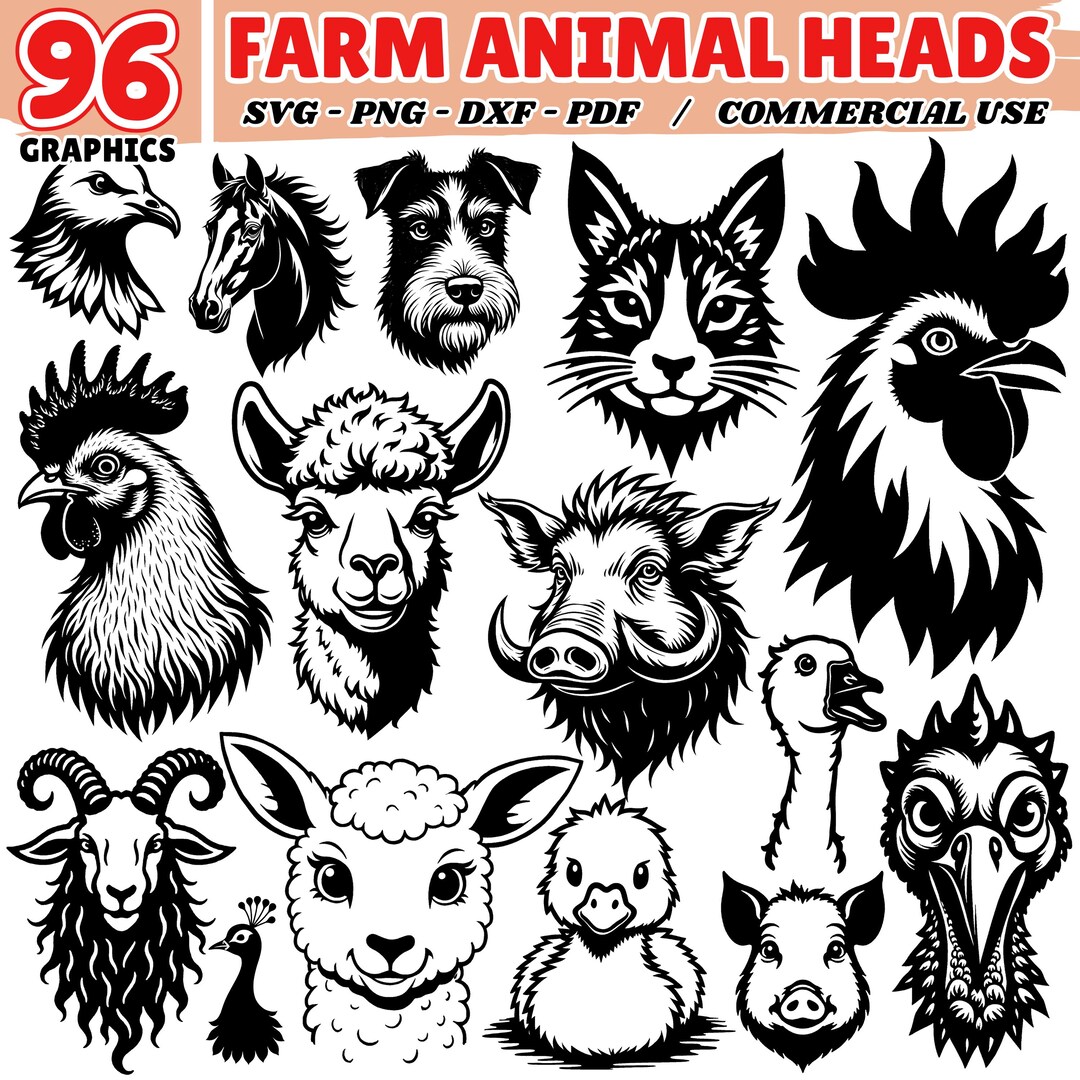 Farm Animal Head Graphics, Rustic Silhouettes (SVG, PNG, PDF) - Etsy