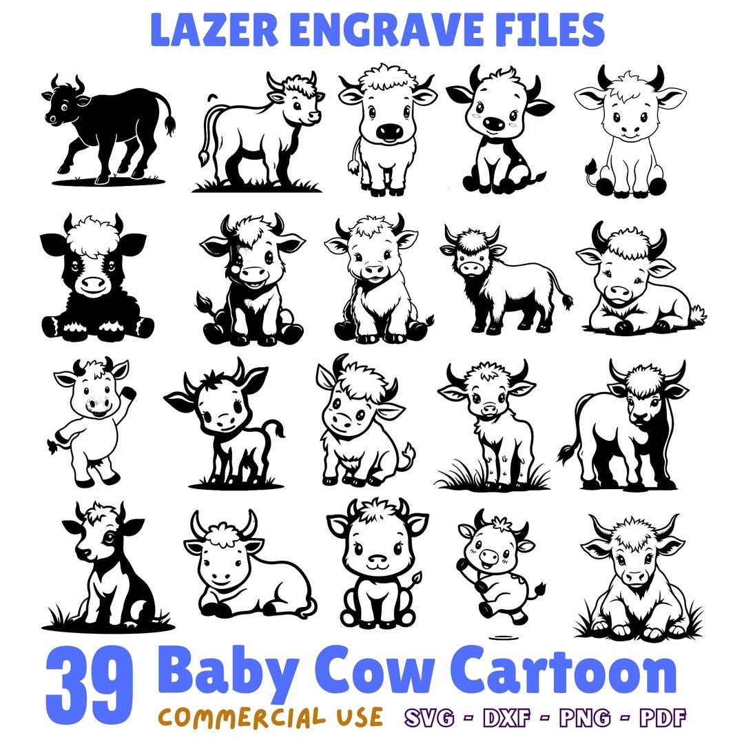 Laser Engrave Files Baby Cow Cartoon Svg Png Pdf & Dxf Bundle Instant ...