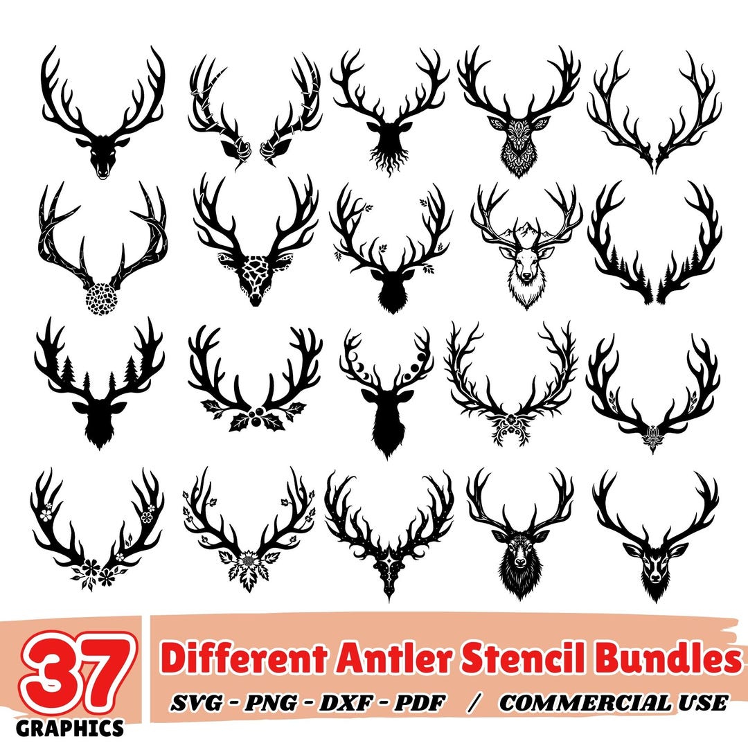Different Antler Stencil Svg Png Pdf & Dxf Bundle for DIY Crafts ...