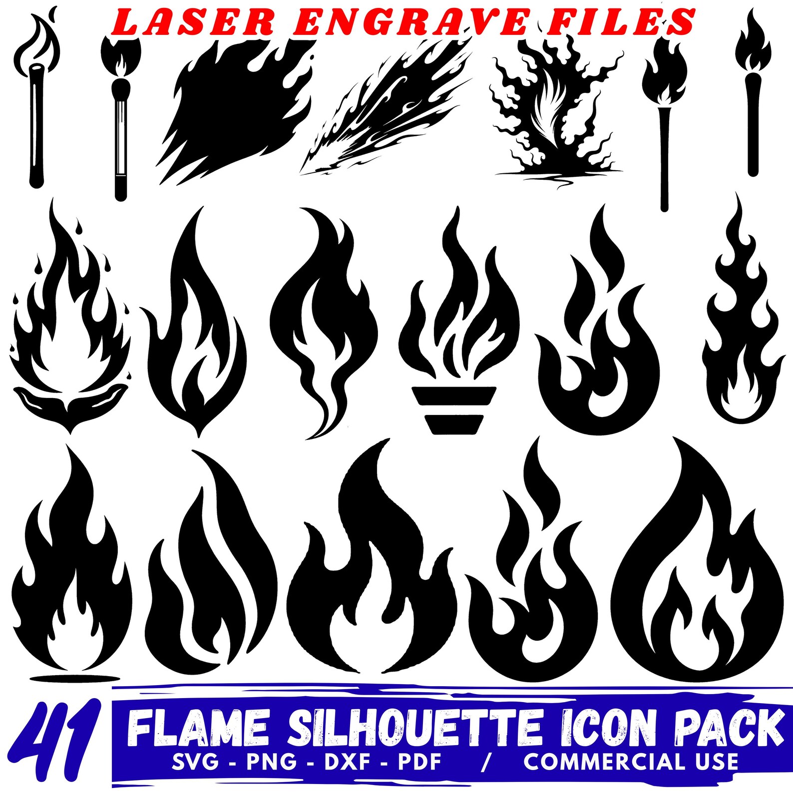 Flame Silhouette Icon Pack, Laser Engrave Files (SVG, PNG, PDF) - Etsy