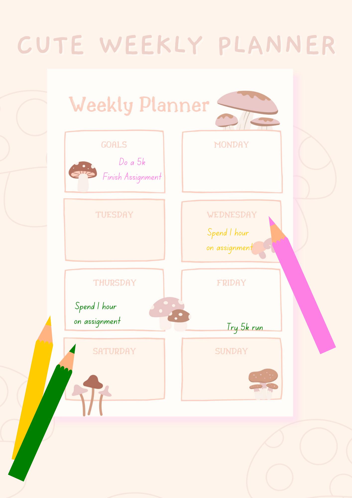 Cute Mushroom Themed Weekly Planner Printout - Etsy