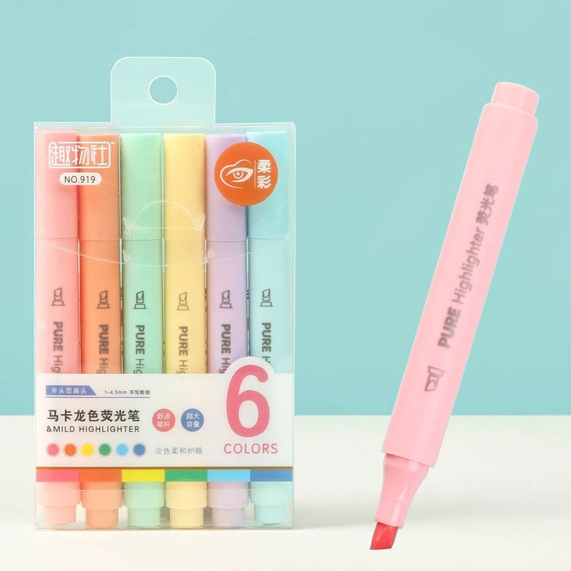 6pcs Pastel Color Macaron Highlighter Set Cute Fluorescent Marker Pens ...
