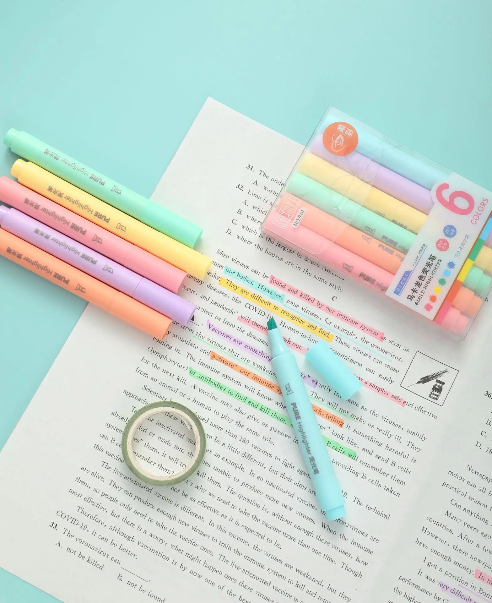 6pcs Pastel Color Macaron Highlighter Set Cute Fluorescent Marker Pens ...