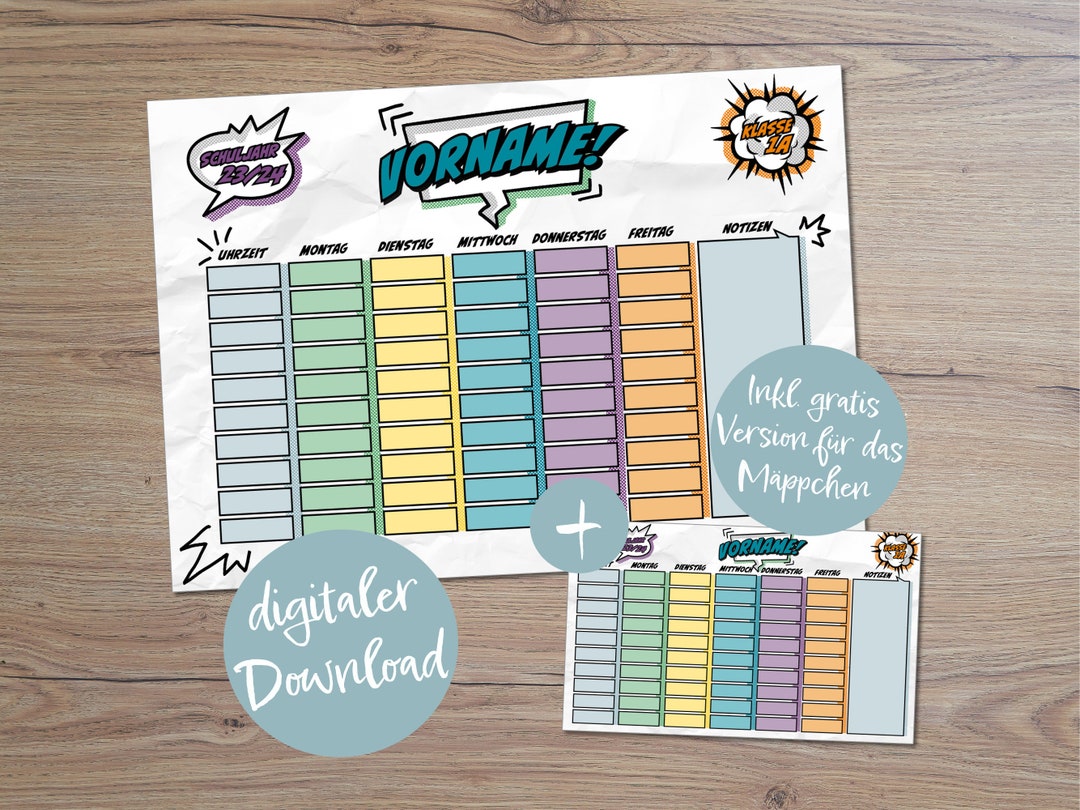 Timetable for Students "comic", With Note Field, Customizable | DIN A4 ...