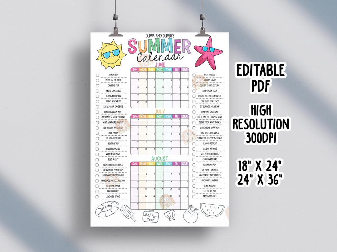 Editable Summer List, Printable Summer Calendar Kids Bucket List for ...