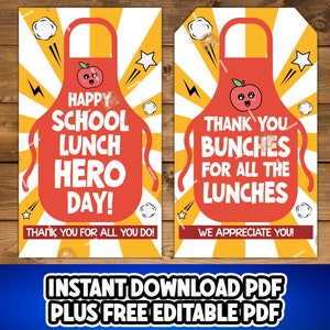 School Lunch Hero Day Tag, Lunch Hero Gift Tags Printable, School Lunch ...